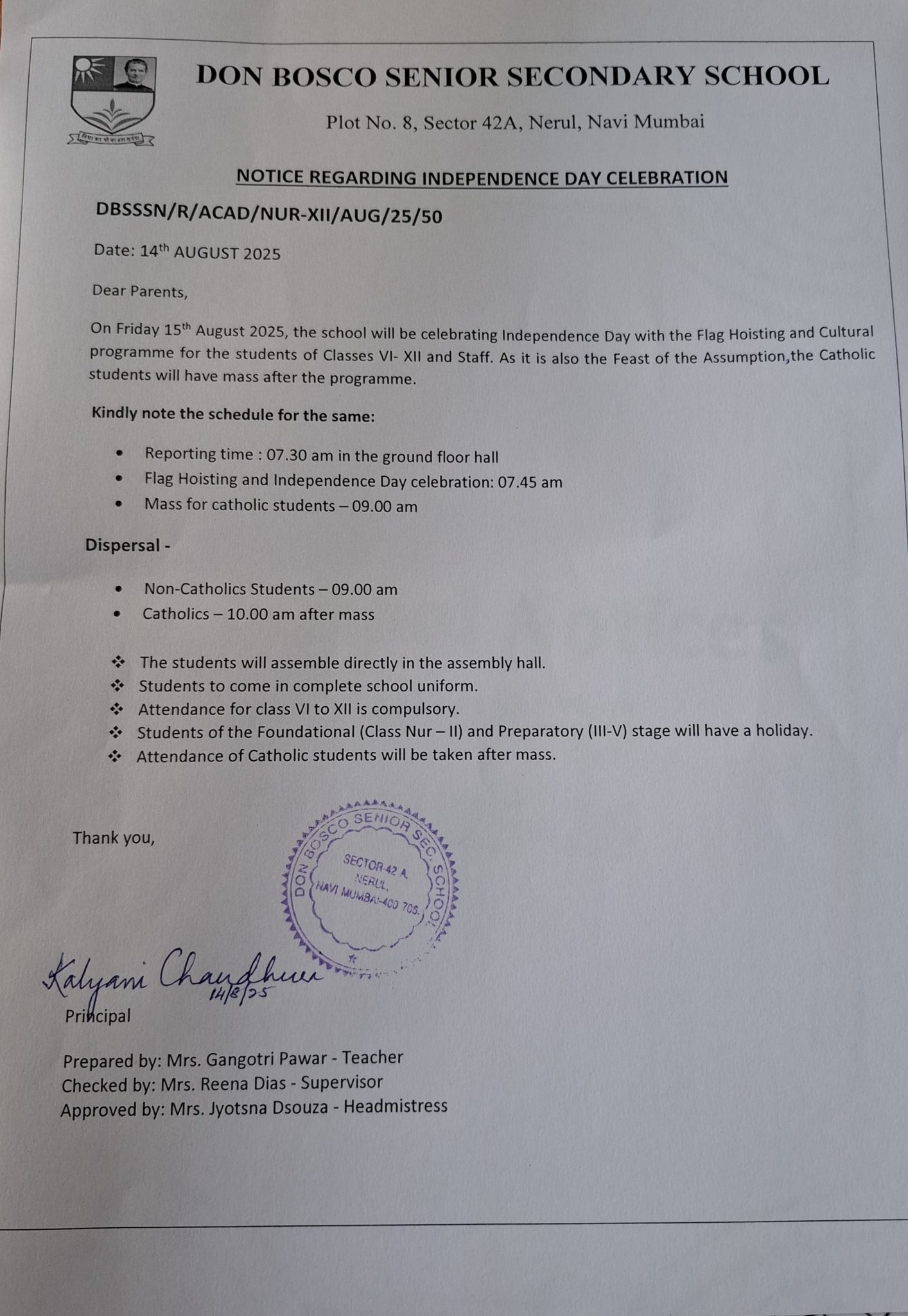 Independence Day Programme – Don Bosco Senior Secondary School-Nerul,Navi Mumbai